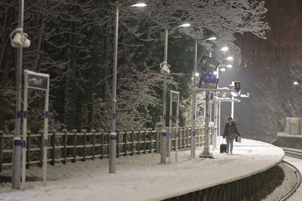 Commuter Walks Along Snow Covered Platform Editorial Stock Photo ...