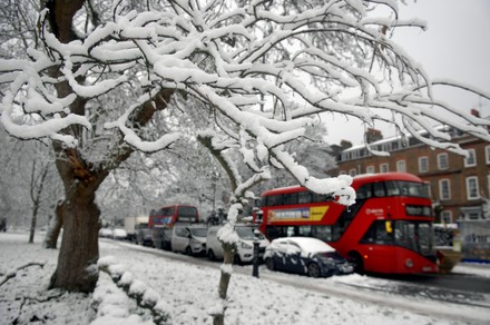 Red London Buses Pass Snow Covered Editorial Stock Photo - Stock Image ...