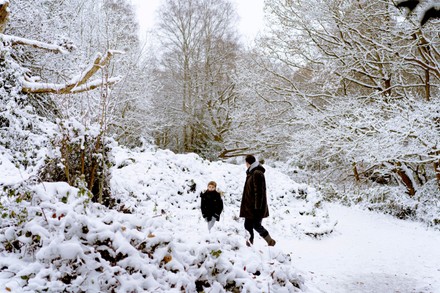 Father Son Walk Through Snow Covered Editorial Stock Photo - Stock ...