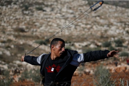 Palestinian Man Uses Slingshot Throw Stones Editorial Stock Photo ...