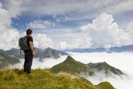Hiker Looks Above Clouds Peaks Alps Editorial Stock Photo - Stock Image ...