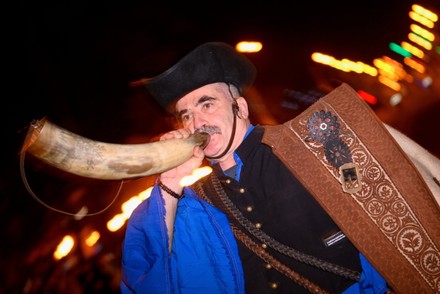 Traditionalist Blows Horn During New Years Editorial Stock Photo ...