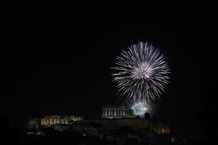 Athens Spectacular Fireworks Midnight Sky Above Editorial Stock Photo ...