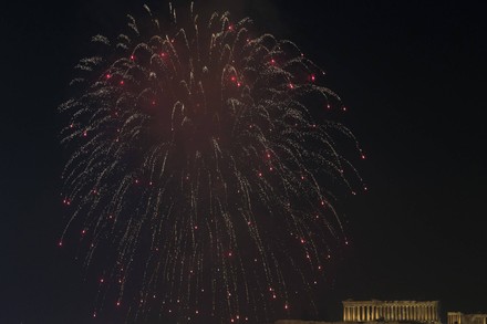 Fireworks Explodes By Acropolis During New Editorial Stock Photo ...