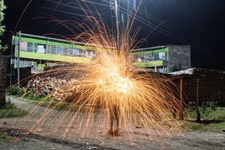 Boys Play Fireworks Outside Their Home Editorial Stock Photo - Stock ...