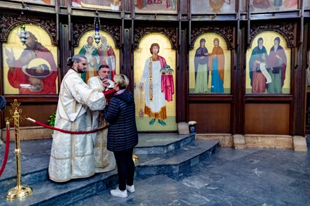 Orthodox Priest Gives Believers Holy Wine Editorial Stock Photo - Stock ...