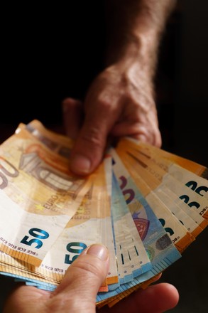 Mans Hands Handing Euro Banknotes Womans Editorial Stock Photo - Stock ...