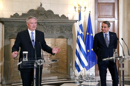 Greek Prime Minister Kyriakos Mitsotakis R Editorial Stock Photo ...