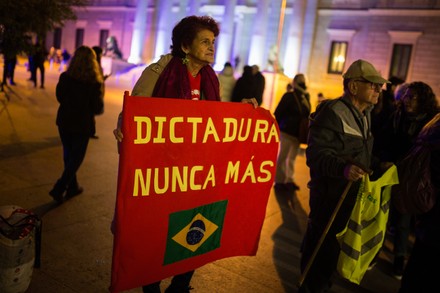 Protester Holds Banner Brazilian Flag Slogan Editorial Stock Photo ...