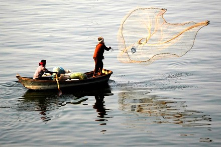 Indian Fishermen Catch Fish On Lake Editorial Stock Photo - Stock Image ...