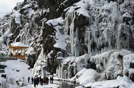 Tourists Enjoy Near Frozen Waterfall Drang Editorial Stock Photo ...