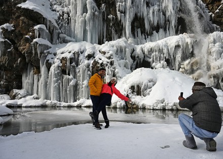Tourists Enjoy Near Frozen Waterfall Drang Editorial Stock Photo ...
