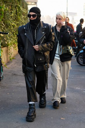 Street Style Black Biker Jacket Balaclava Editorial Stock Photo - Stock ...