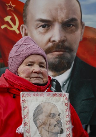 Elderly Russian Communist Supporter Holds Portraits Editorial Stock ...