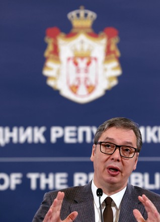 Serbian President Aleksandar Vucic Speaks During Editorial Stock Photo ...