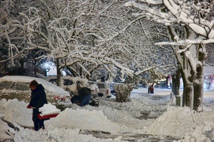 Homeowners Shovel Snow Front Their Homes Editorial Stock Photo - Stock ...