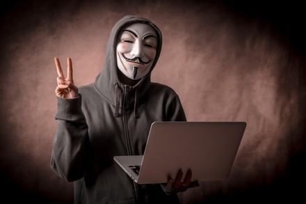 Hacker Anonymous Mask Laptop Making Victory Editorial Stock Photo ...