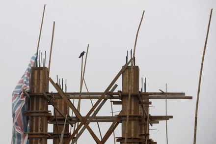 Crow Sits On Bamboo Pole Construction Editorial Stock Photo - Stock ...