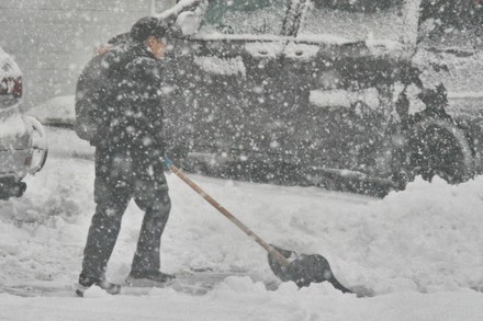 Man Shovels Snow Front His Home Editorial Stock Photo - Stock Image ...