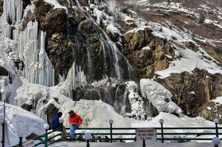 Visitors Rest Near Frozen Drung Waterfall Editorial Stock Photo - Stock ...
