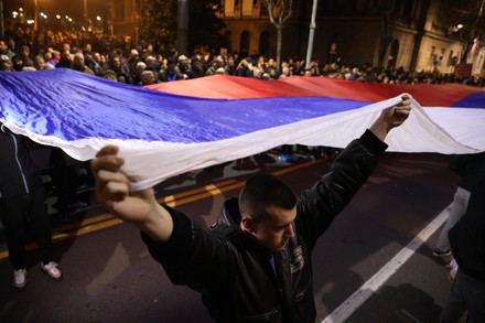 Demonstrators Carry Giant Serbian Flag During Editorial Stock Photo ...