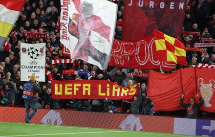 Liverpool Fans Display Banner Protesting Uefa Editorial Stock Photo ...