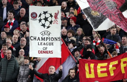 Liverpool Fans Display Banner Protesting Uefa Editorial Stock Photo ...