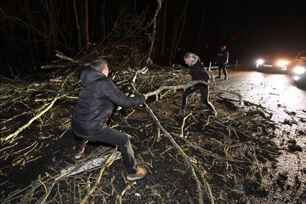 Fallen Tree Blocking Road Taken Care Editorial Stock Photo - Stock ...
