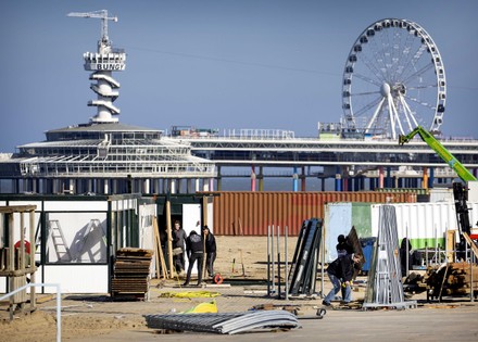Workers Erect Beach Tents Pavilions Along Editorial Stock Photo - Stock ...
