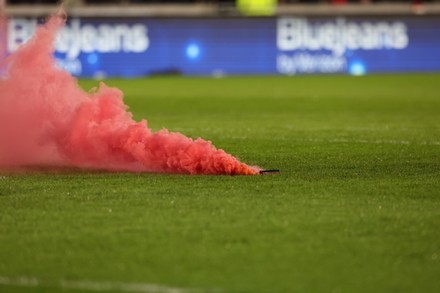 Red Smoke Flare Thrown Onto Pitch Editorial Stock Photo - Stock Image ...