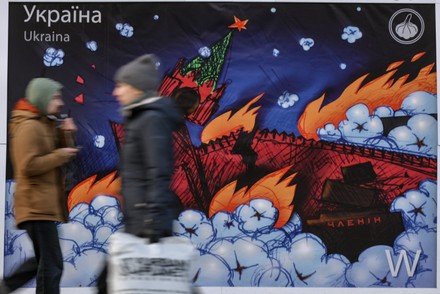 People Pass Poster Depicting Burning Kremlin Editorial Stock Photo ...