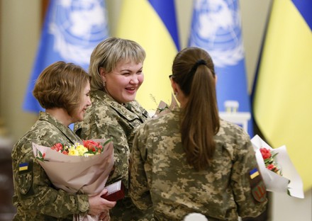 Ukrainian Female Soldiers Stand Flowers State Editorial Stock Photo ...