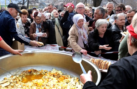 People Queue Scrambled Eggs Sandwiches During Editorial Stock Photo ...