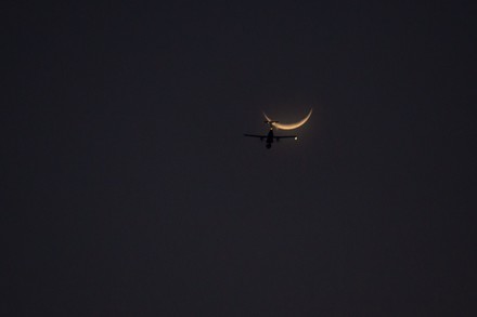 Passenger Plane Passes By Crescent Moon Editorial Stock Photo - Stock ...