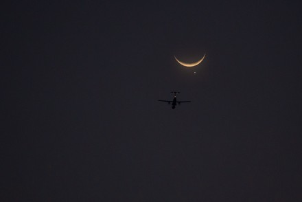 Passenger Plane Passes By Crescent Moon Editorial Stock Photo - Stock ...