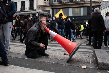 Man Uses Construction Cone Megaphone Shout Editorial Stock Photo ...