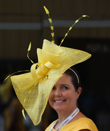 Raceegoer Wearing Fancy Hat Poses During Editorial Stock Photo - Stock ...
