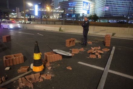 Policeman Looks On Roadblock Placed By Editorial Stock Photo - Stock ...