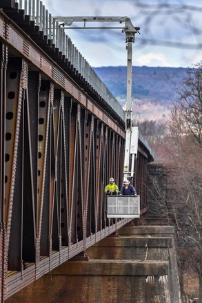 Construction Workers Inspect Railroad Bridge Over Editorial Stock Photo ...