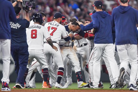 Atlanta Braves Players Gather Around Infielder Editorial Stock Photo ...