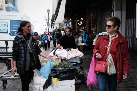 Women Selling Greens Outside Varvakios Market Editorial Stock Photo ...