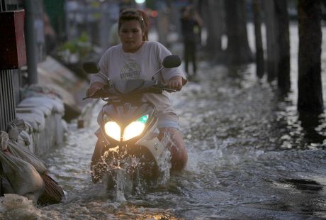 Two People Riding Motorcycle Through Flood Editorial Stock Photo ...