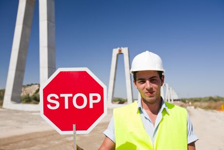 Workman Stopping Construction Traffick Where Railway Editorial Stock ...