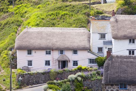 Thatched Cottages Cadgwith Pretty Cornish Fishing Editorial Stock Photo ...
