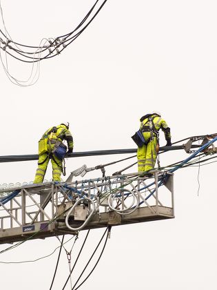 Technicians Working Replace Old Insulators On Editorial Stock Photo ...