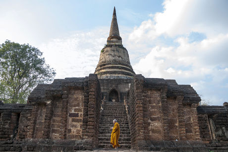 Praying Buddhist Monk Laterite Chedi Stairs Editorial Stock Photo ...