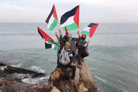 Protesters Pose Holding Palestinian Flags Before Editorial Stock Photo ...