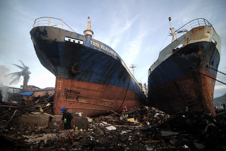 Typhoon Survivor Walks Past Shipping Vessels Editorial Stock Photo ...