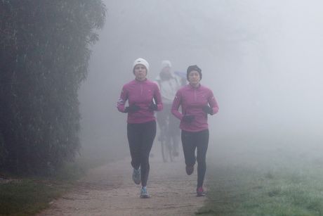 Joggers Running Through Fog Next River Editorial Stock Photo - Stock ...