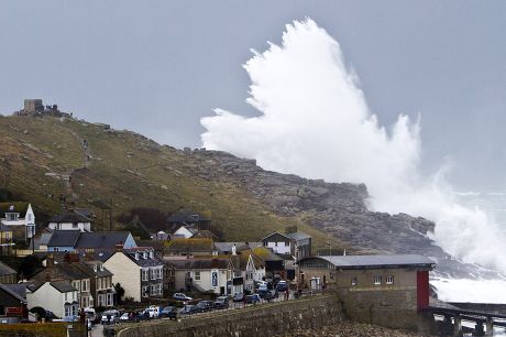 Waves Crash Over Cliffs Sennen Cove Editorial Stock Photo - Stock Image ...